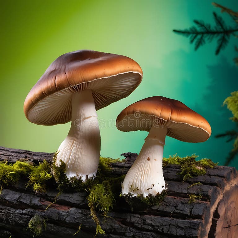 Two Mushrooms on a Log with a Green Background Stock Illustration ...