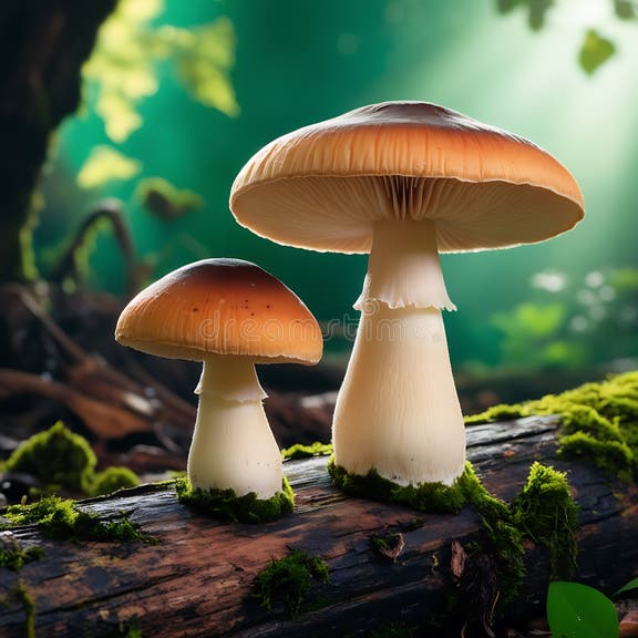 Two Mushrooms on a Log with a Green Background Stock Illustration ...