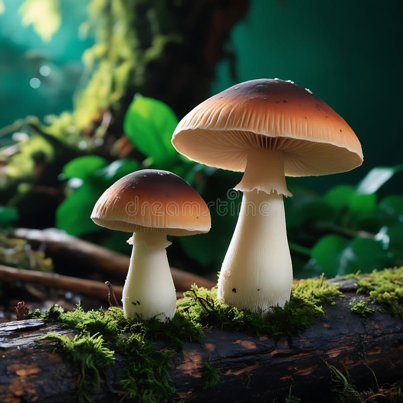 Two Mushrooms on a Log with a Green Background Stock Illustration ...