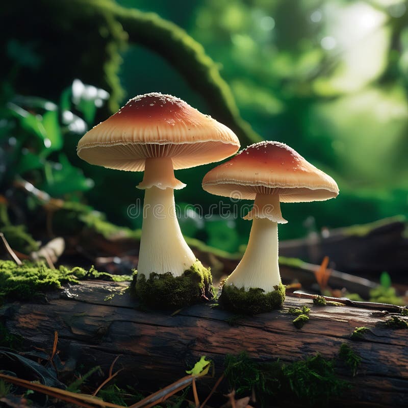 Two Mushrooms on a Log with a Green Background Stock Illustration ...