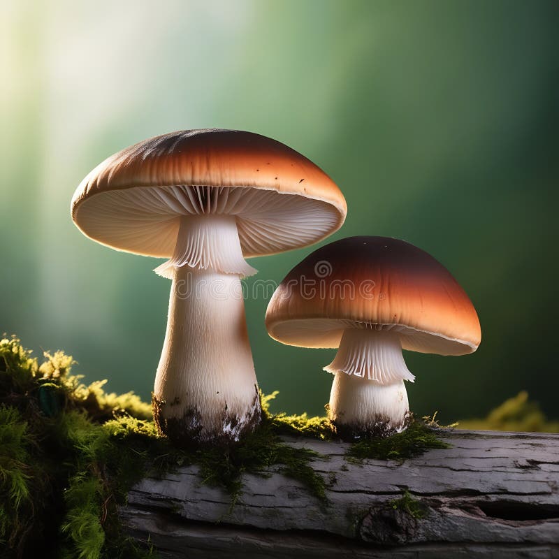 Two Mushrooms on a Log with a Green Background Stock Illustration - Illustration of green ...