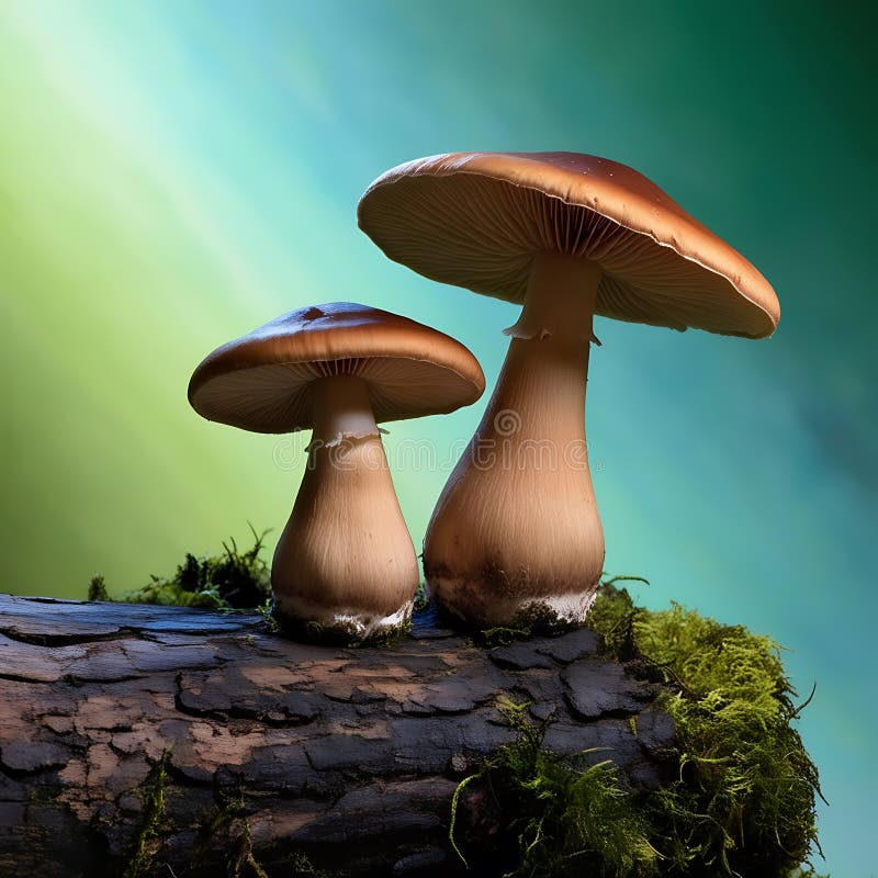 Two Mushrooms on a Log with a Green Background Stock Illustration ...