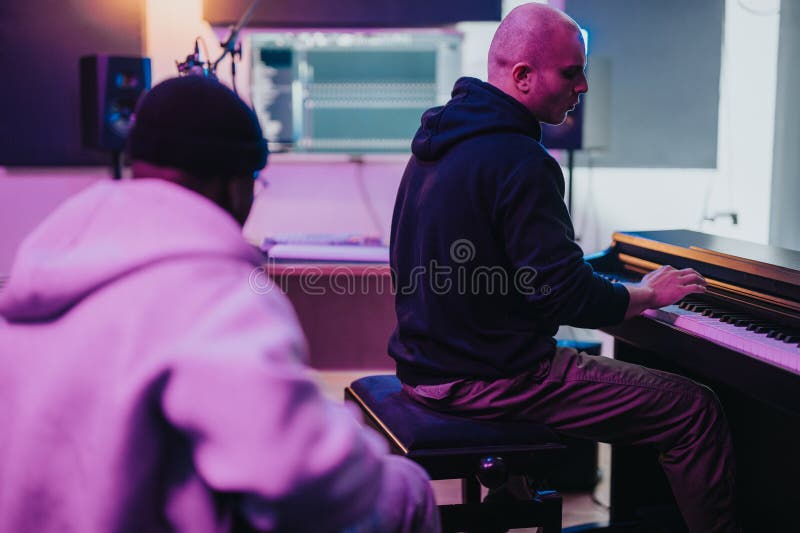 Two Musicians Collaborating Modern Recording Studio Digital Equipment ...