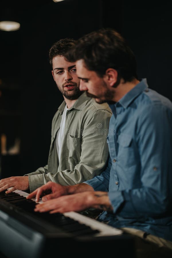 Two Musicians Collaborating Playing Keyboard Recording Studio Stock ...