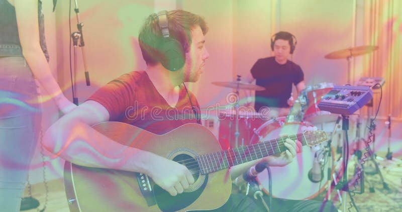 Two Musicians Practicing in Recording Studio, with Animated Sound Waves ...
