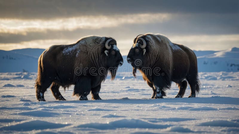 Two Musk Oxen Face Each Other in a Snowy Landscape Under a Dramatic Sky ...