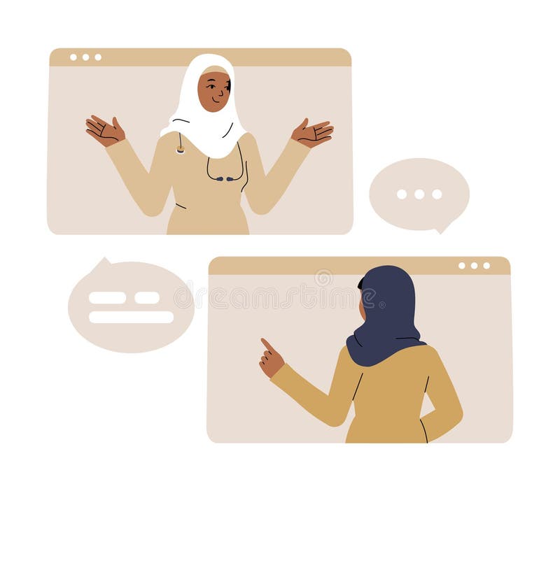 Two Muslim Women in Online Communication in Flat Vector Illustration ...