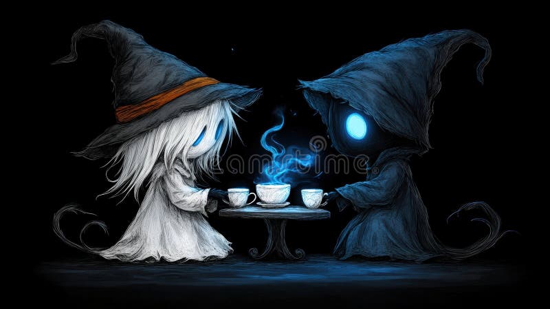 Two Mysterious Figures in Cloaks Share a Magical Tea Party in a Dark ...