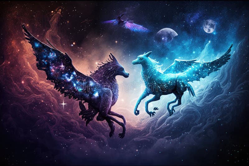 Two Mystical Creatures Walking in Air in Galaxy Background Stock ...