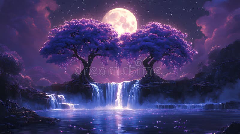 Two Mystical Purple Trees Flank a Waterfall Under a Full Moon at Night ...