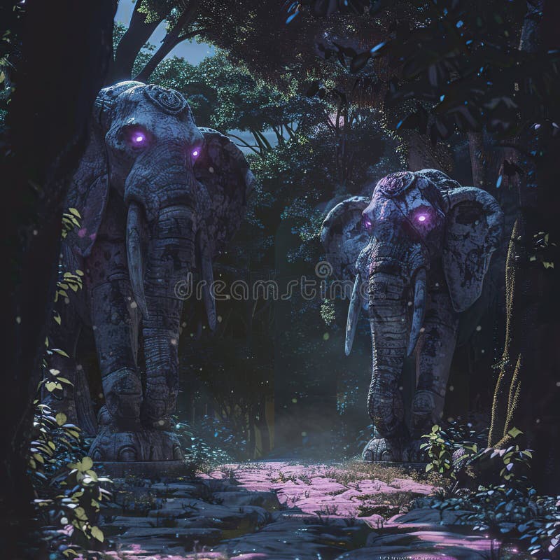 Two Mystical Stone Elephants in a Dark Forest Stock Illustration ...