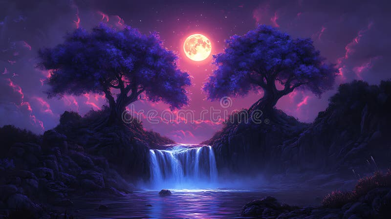 Two Mystical Trees Flank a Waterfall Under a Large, Orange Moon at ...