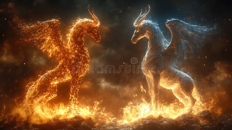 Two Mythical Creatures, One Fire, One Ice, Stand Facing Each Other with ...