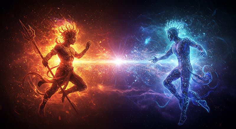 Two Mythical Figures Appear Locked in a Dynamic and Symmetrical Duel ...