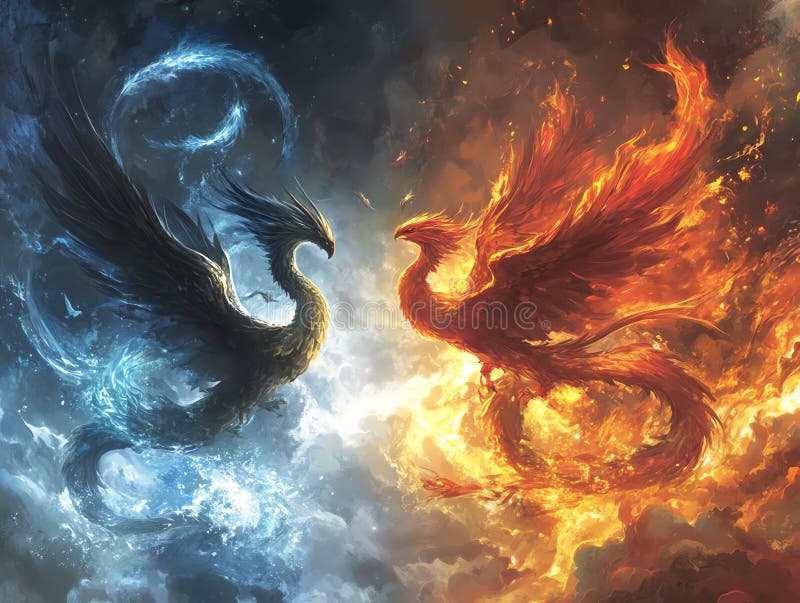 Two Mythical Phoenix Birds, One Blue and One Red, Face Off Stock ...