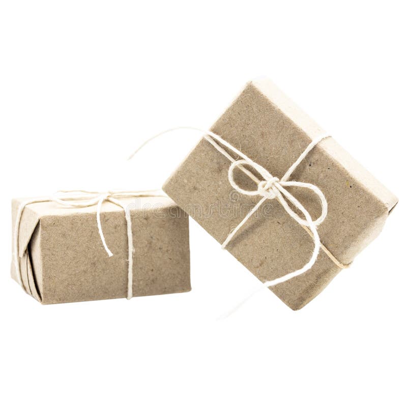 Two Natural Brown Gift Boxes or Parcels with Cord Ribbon Stock Photo ...