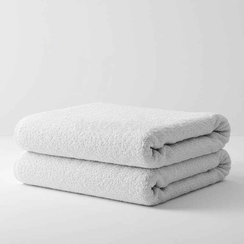 Two Neatly Folded, White Bath Towels Rest on a Flat Surface. the Towels ...