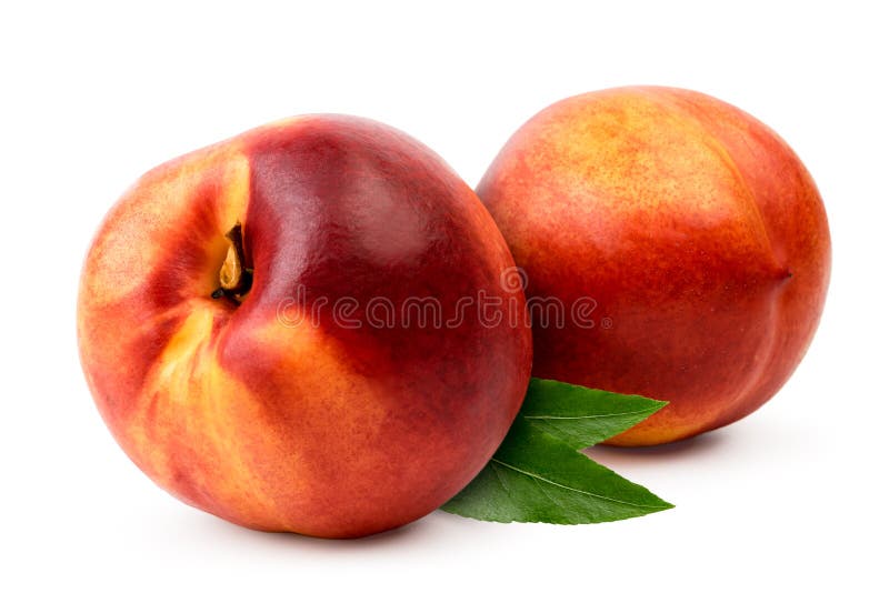 Two Nectarines with Leaves Close-up on a White Background. Stock Photo ...