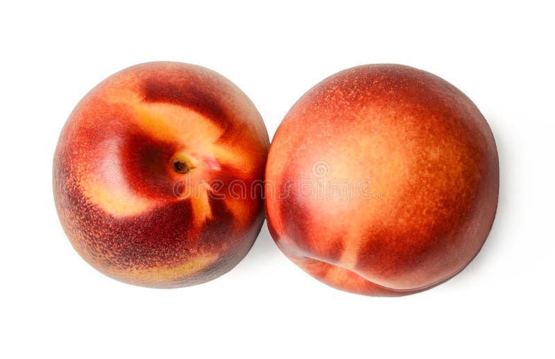 Two Nectarines on a White Isolated Background.Top View. Close-up. Stock ...