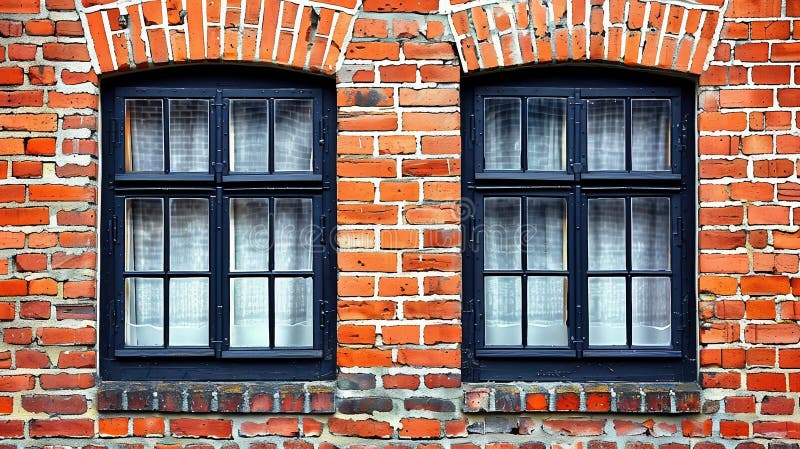 Two Neighboring Windows with White Frames in a Urban Red Bricks House ...