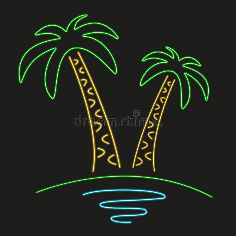 Two Neon Palm Trees on a Small Island. Black Background, Logo Stock ...