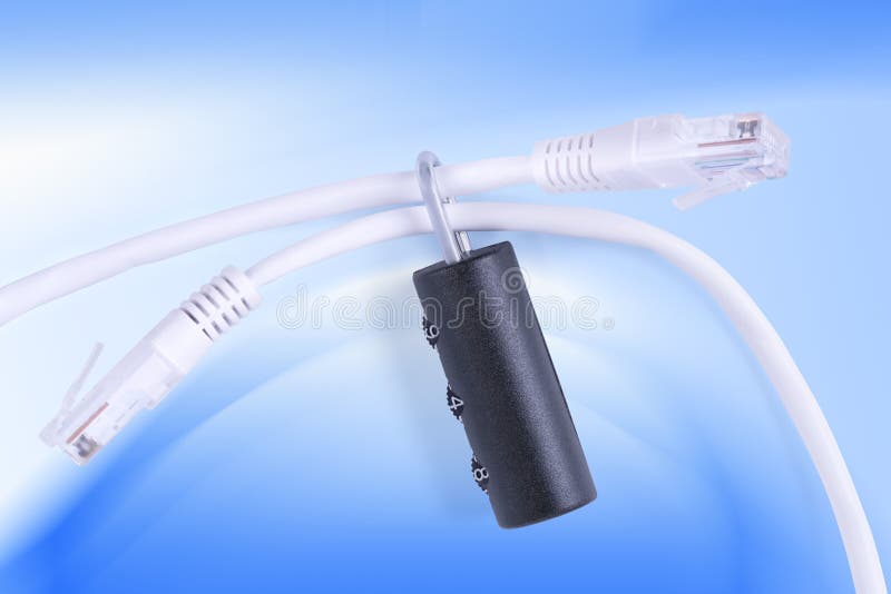 Two Network Cables Bind with Combination Lock on Blue Stock Image ...
