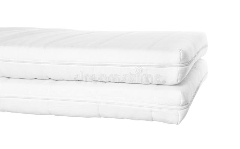 Two New Comfortable Mattresses Isolated on White, Closeup Stock Photo ...