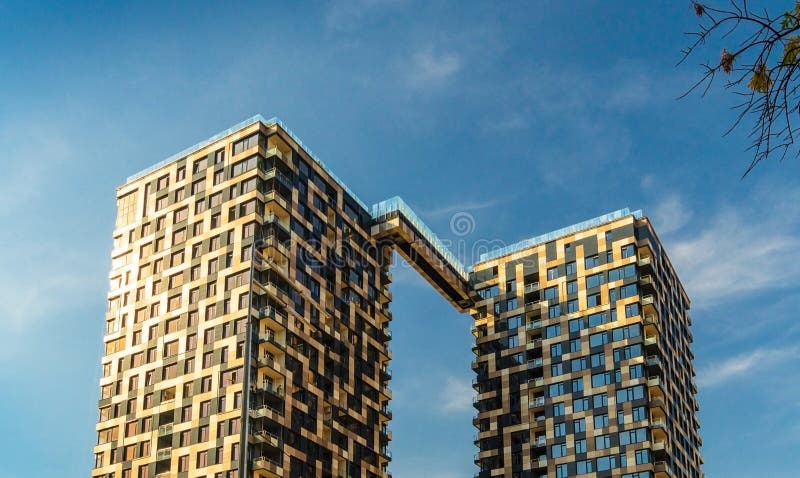 Two New Connected Blocks of Modern Apartments with Balconies and Blue ...