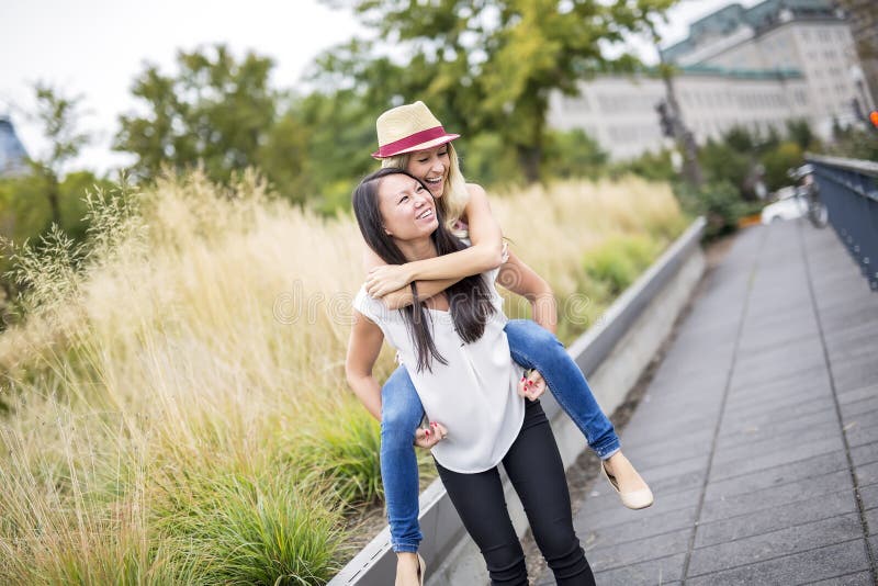 Two Beautiful Young Women Having Fun in the City Stock Photo - Image of ...
