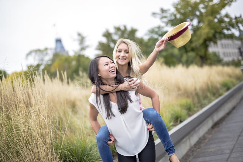 Two Beautiful Young Women Having Fun in the City Stock Photo - Image of ...