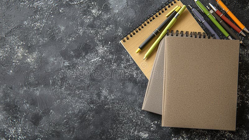 Two Notebooks and Pens on Dark Textured Surface Stock Image - Image of ...
