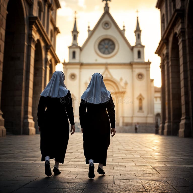 Two Nuns Walking in Front of Cathedral Stock Illustration ...