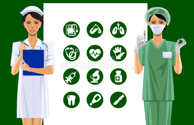 Two Nurses in Uniform and Medical Icon Set Stock Vector - Illustration ...
