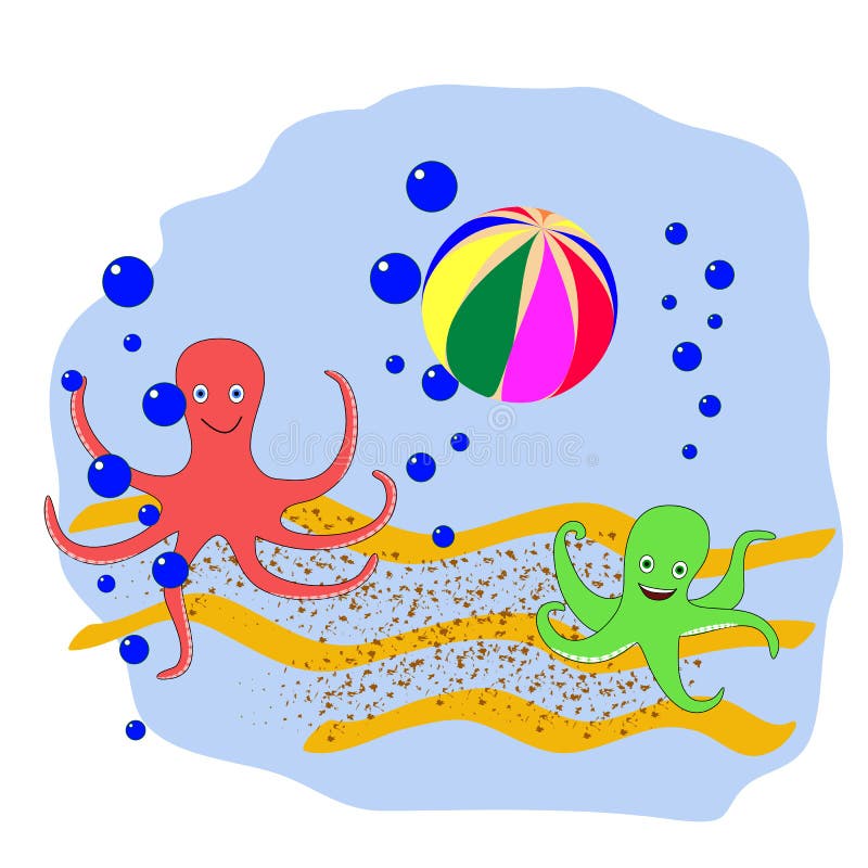 Two Octopus Playing the Ball at the Bottom of the Sea Stock Vector ...