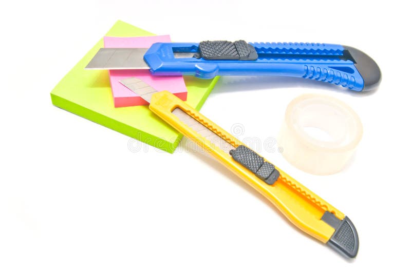 Two Office Knifes, Scotch Tape and Sticky Notes Stock Image - Image of ...