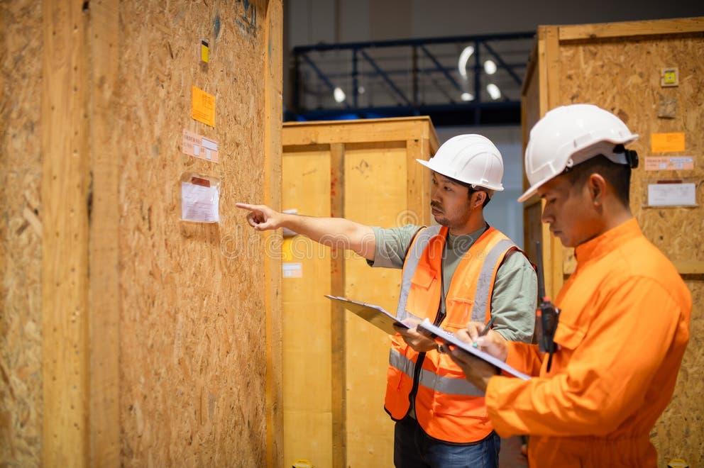 Two Parcel Inspectors are Working in a Large Warehouse Stock Image ...