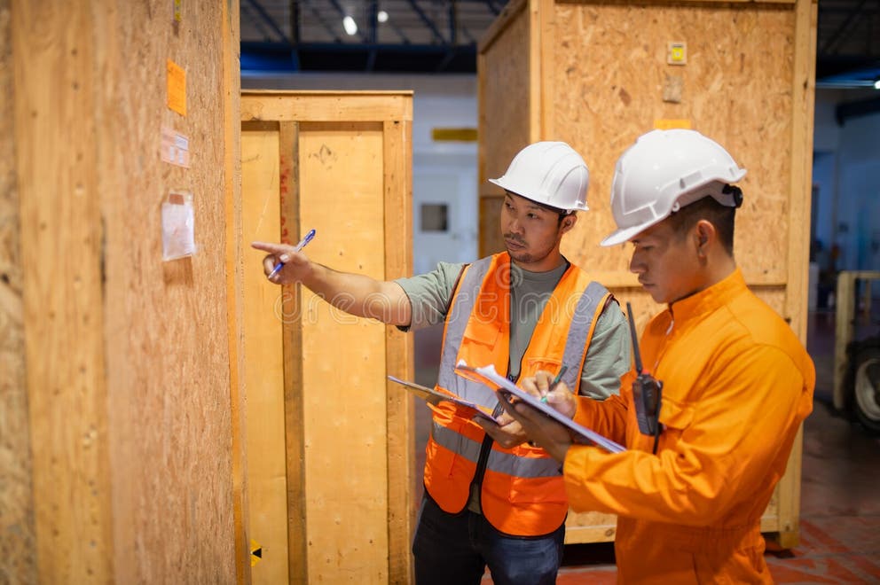 Two Parcel Inspectors are Working in a Large Warehouse Stock Image ...