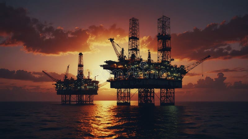 Two Offshore Oil Rigs at Sunset with Vibrant Sky and Ocean Reflection ...