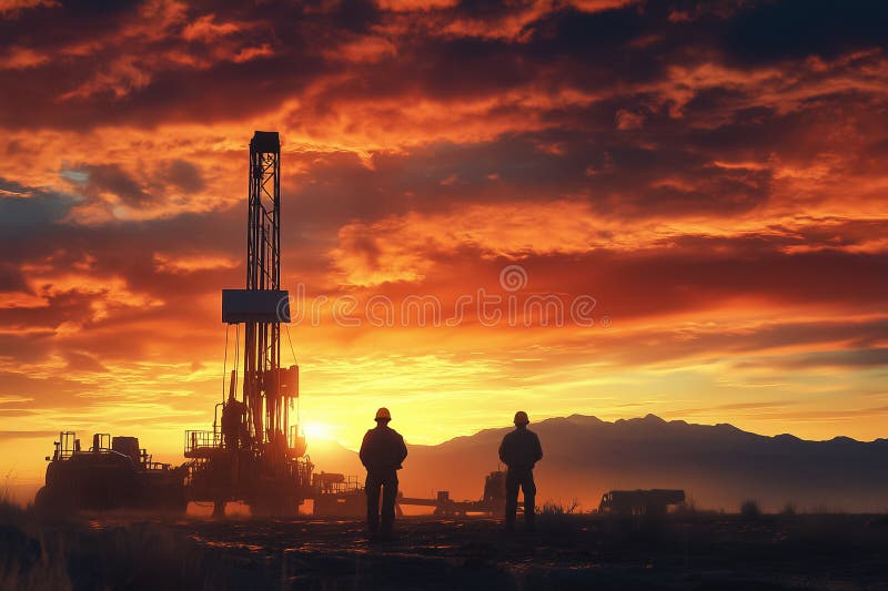 Two Oil Workers Examine a Rig Under a Vivid Sunset, Emphasizing the Oil ...