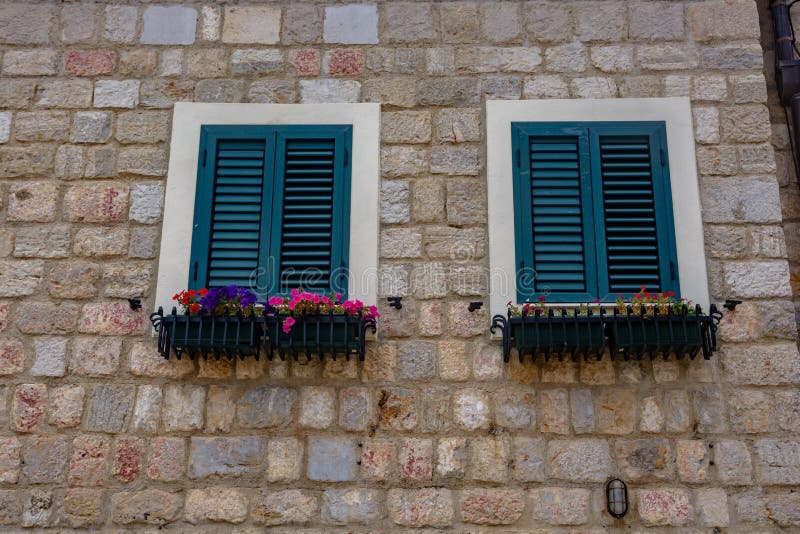 Two Old Blue Windows on the Wall Stock Photo - Image of sill ...