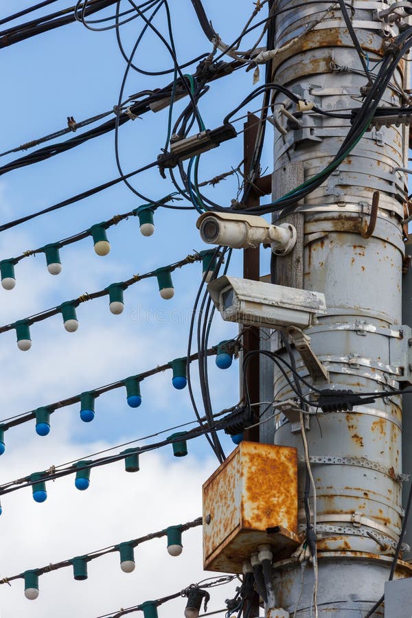 Two Old Cctv Security Surveillance Cameras on Street Light Pole on Blue ...