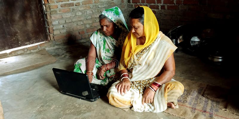Two Old Indian Women Learning Computer Operating System at Home ...