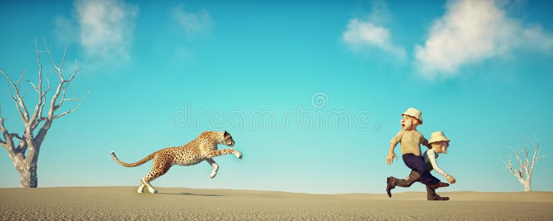 Two Old Men Running from a Cheetah in the Desert. Danger and Adventure ...