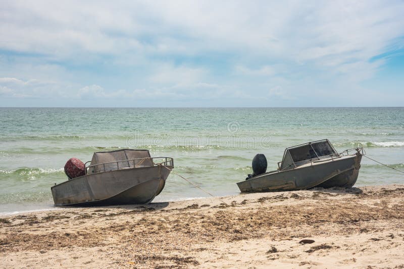 Two Old Motor Boats Moored To the Seashore Stock Photo - Image of ...