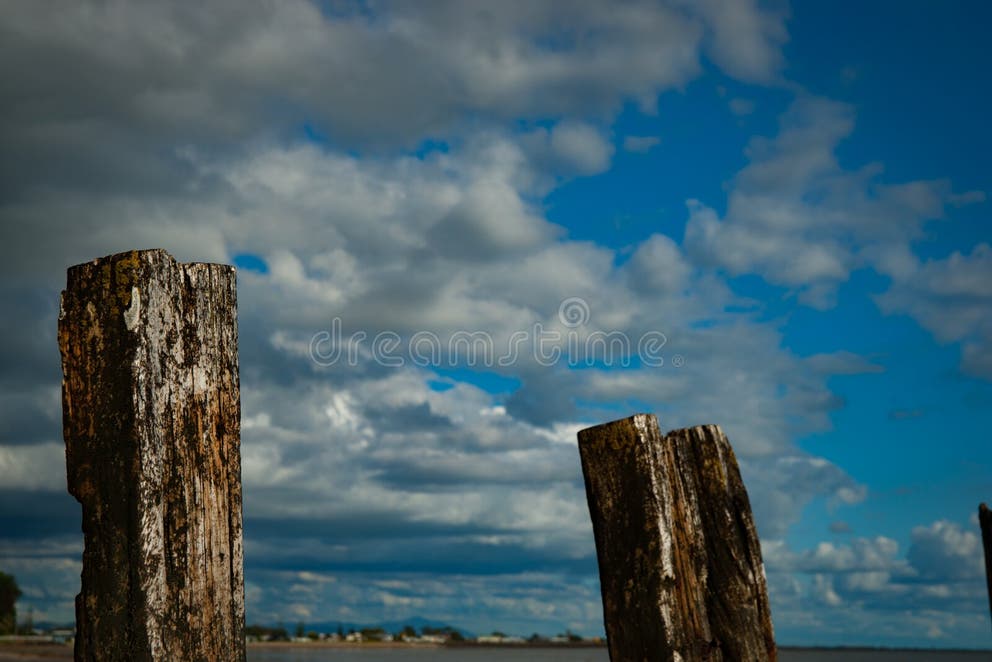 Two Old Pier Posts Below Cloudy Sky Stock Photo - Image of coastal ...