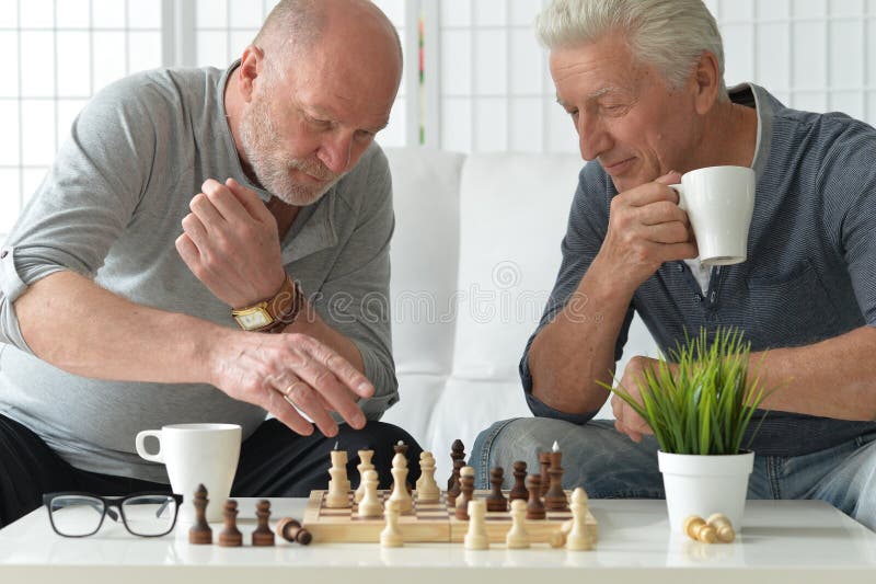Two Old Senior Men Playing Chess at Home Stock Image - Image of people ...