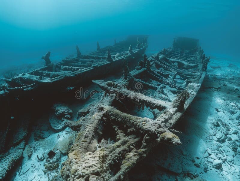 Two Old Shipwrecks Lying Side by Side on the Ocean Floor, Showcasing ...