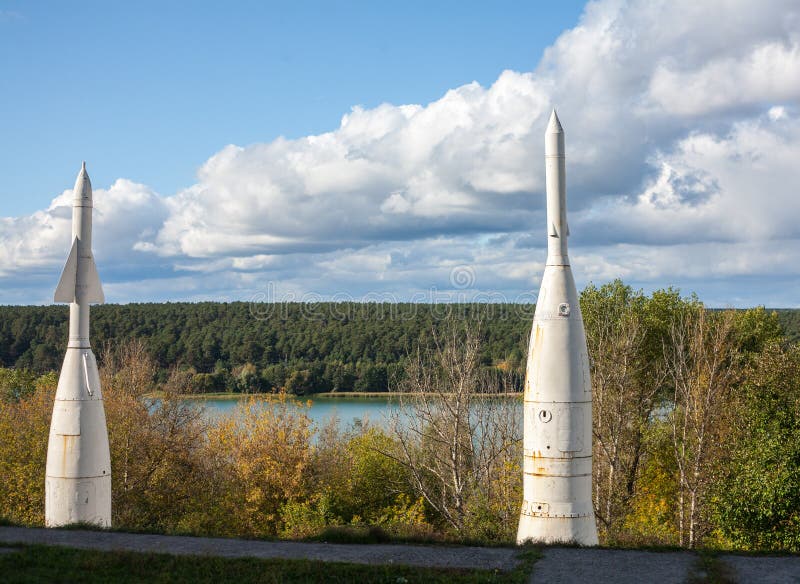 Two Old Space Rocket on a Background of the River Editorial Image ...
