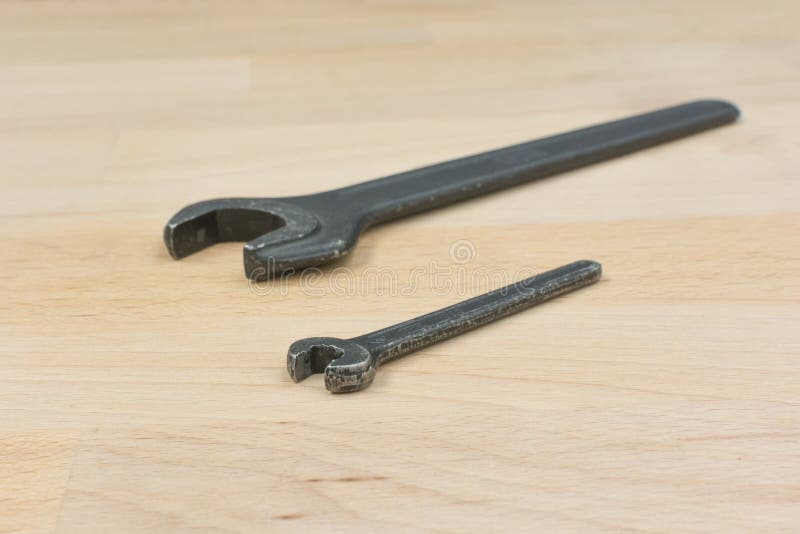 Two Old Spanners on a Wooden Table Stock Photo - Image of metallic ...