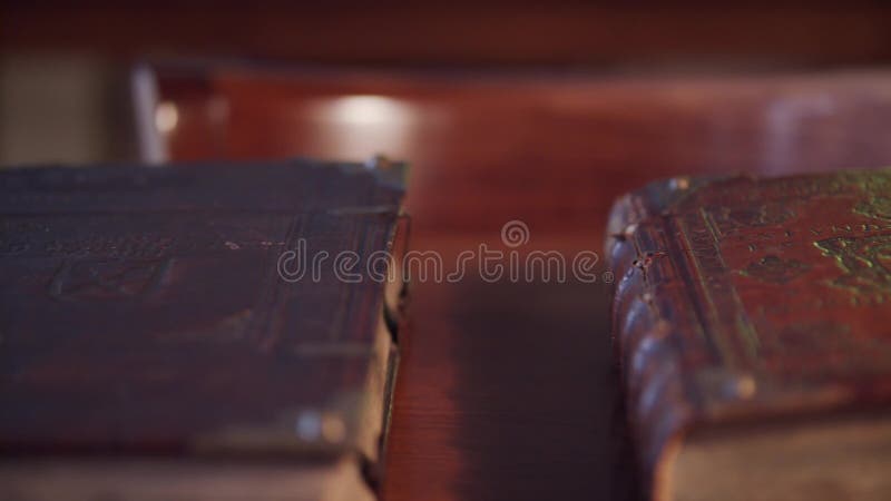 Two Old Thick Books in Decorative Leather Bindings. the Items are Lying Next To Each Other on ...